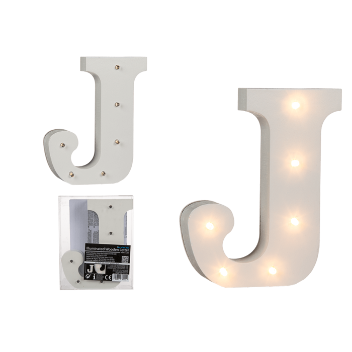 Letra J de madeira iluminada, com 6 LEDs - Thokmandee